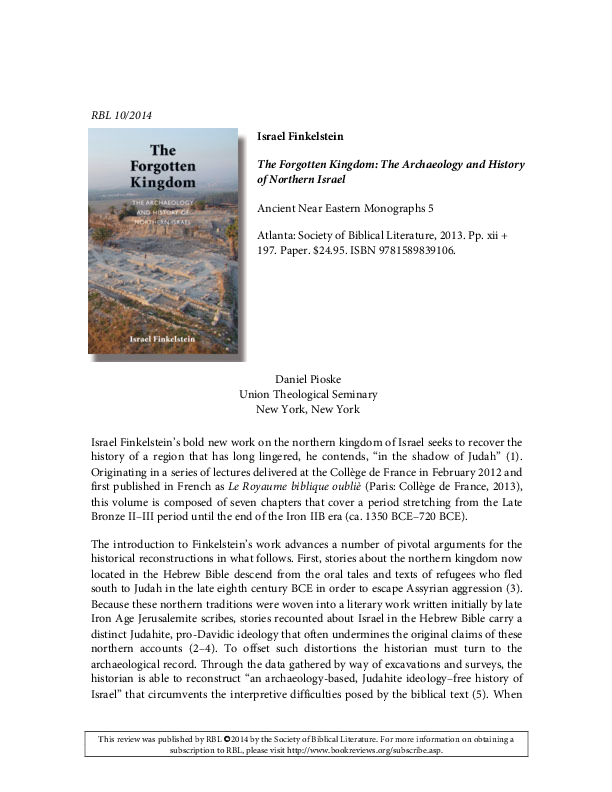 (PDF) Review of Israel Finkelstein, The Forgotten Kingdom: The ...