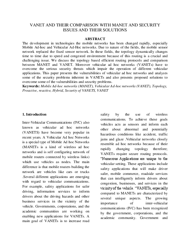 (DOC) VANET AND THEIR COMPARISON WITH MANET AND SECURITY ISSUES AND ...