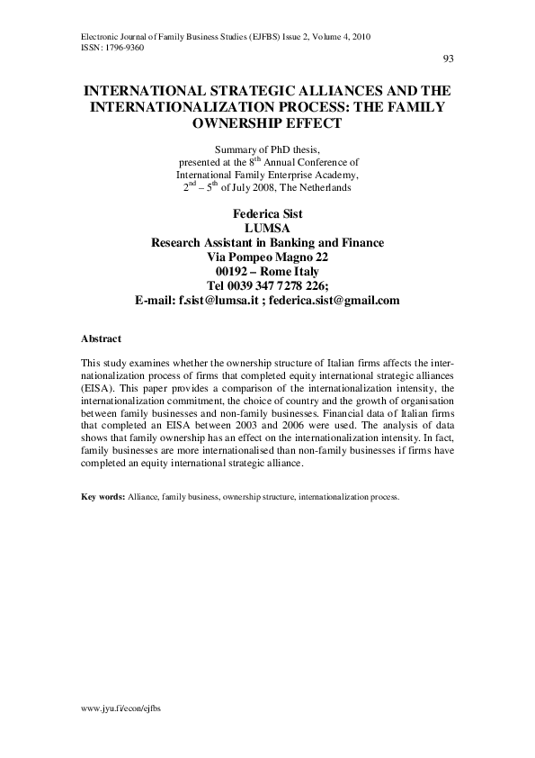 (PDF) International strategic alliances and internationalisation process: the family ownership ...