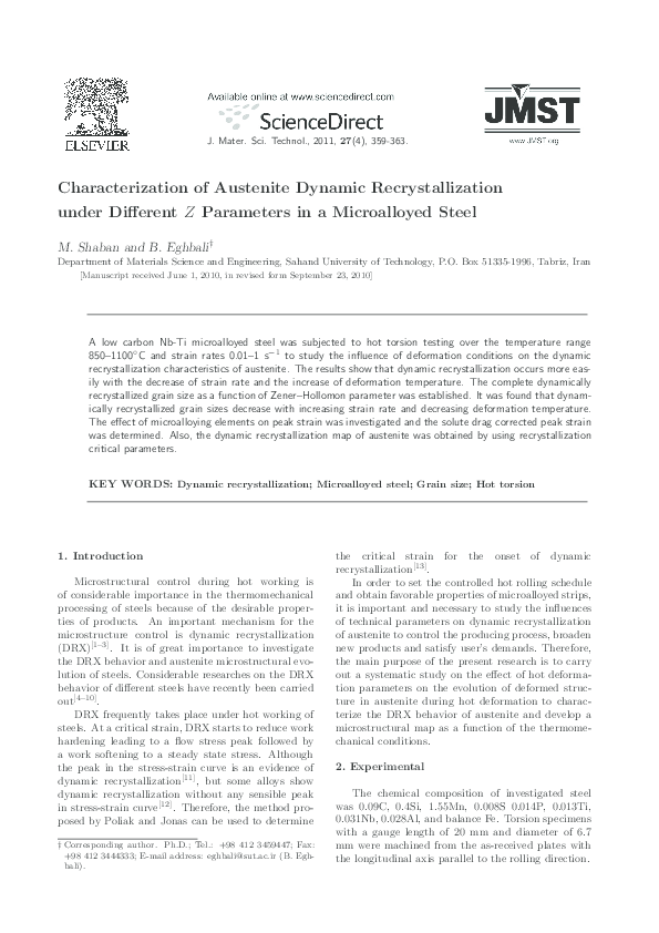 Pdf Characterization Of Austenite Dynamic Recrystallization Under Different Z Parameters In A