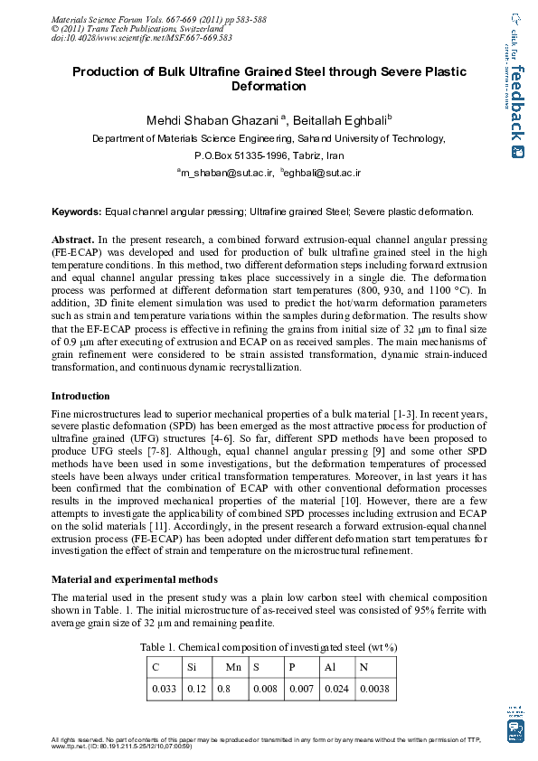 (PDF) Production of Bulk Ultrafine Grained Steel through Severe Plastic Deformation