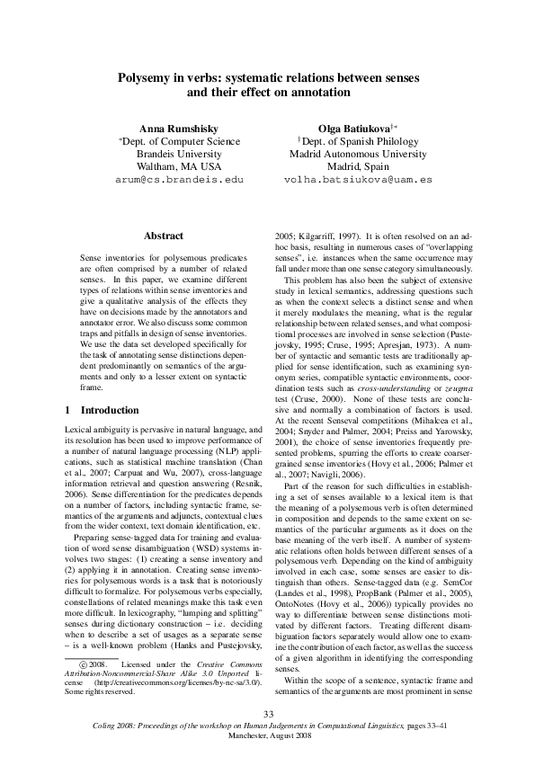 (PDF) Polysemy in verbs: systematic relations between senses and their effect on annotation