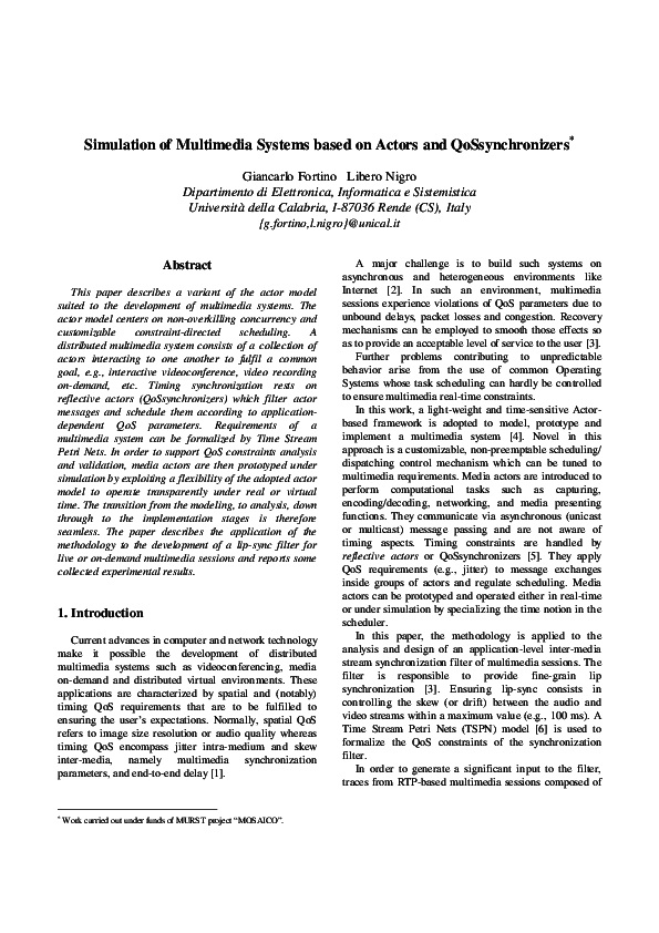 (PDF) Simulation of Multimedia Systems Based on Actors and QoSsynchronizers | Giancarlo Fortino ...