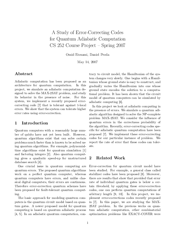 (PDF) A Study of Error-Correcting Codes for Quantum Adiabatic Computation CS 252 Course Project ...