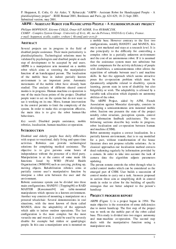 (PDF) ARPH-assistant robot for handicapped people-a pluridisciplinary project