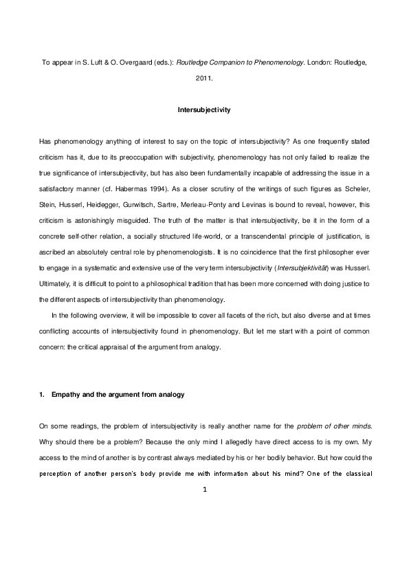 (PDF) Intersubjectivity | Dan Zahavi - Academia.edu