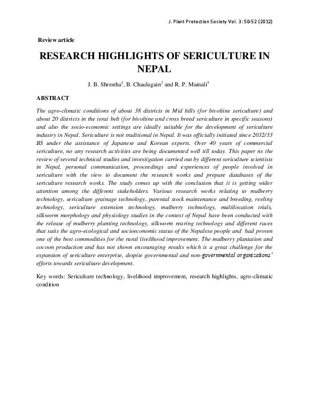 (PDF) RESEARCH HIGHLIGHTS OF SERICULTURE IN NEPAL