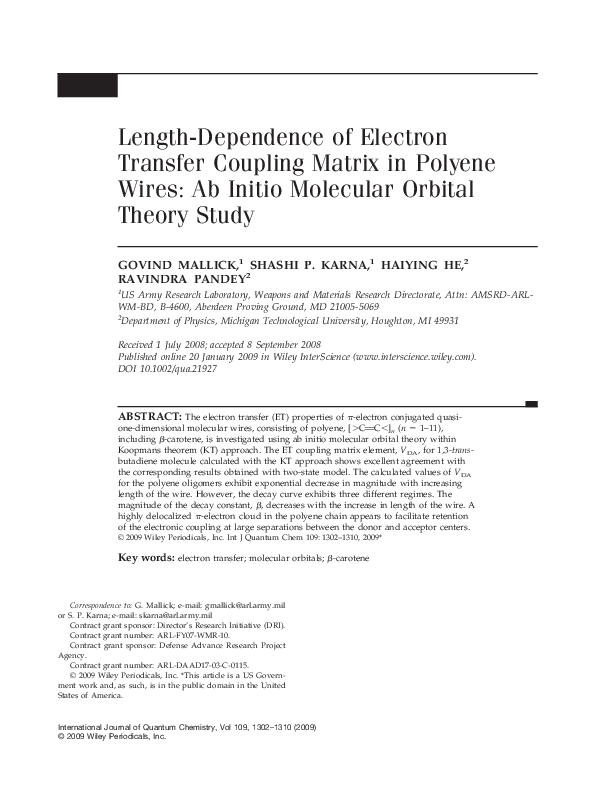 Pdf Length Dependence Of Electron Transfer Coupling Matrix In Polyene