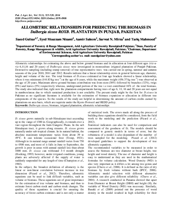 (PDF) ALLOMETRIC RELATIONSHIPS FOR PREDICTING THE BIOMASS IN Dalbergia sissoo ROXB. PLANTATION ...