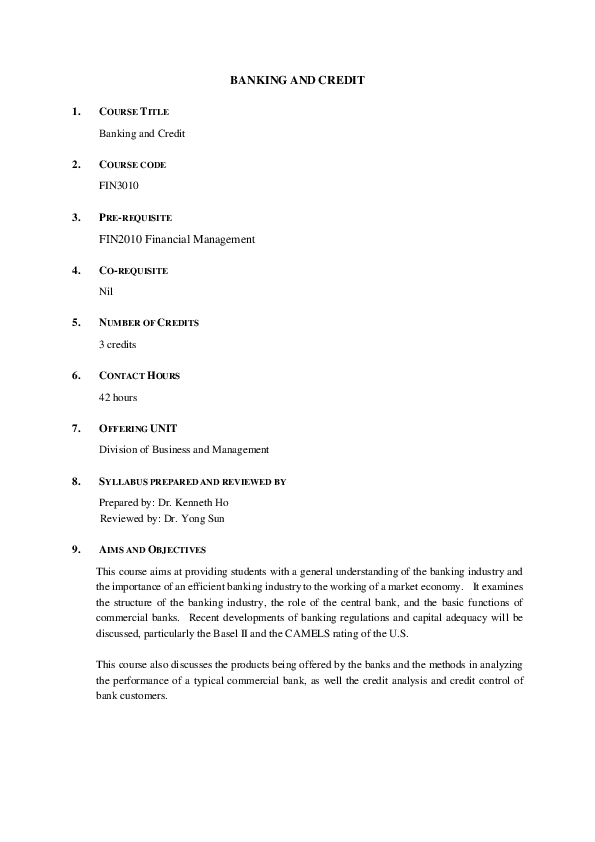 (PDF) FIN3010 Banking & Credit Course Syllabus