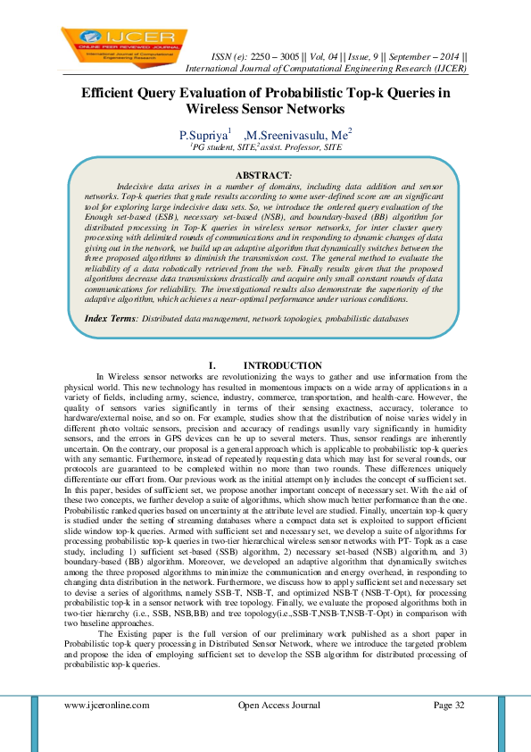 (PDF) Efficient Query Evaluation of Probabilistic Top-k Queries in Wireless Sensor Networks