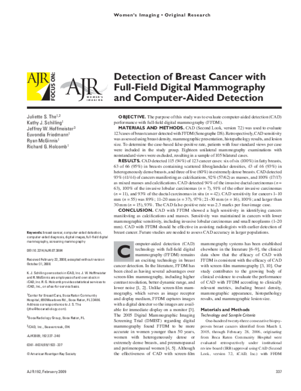 (PDF) Detection of Breast Cancer with Full-Field Digital Mammography and Computer-Aided Detection