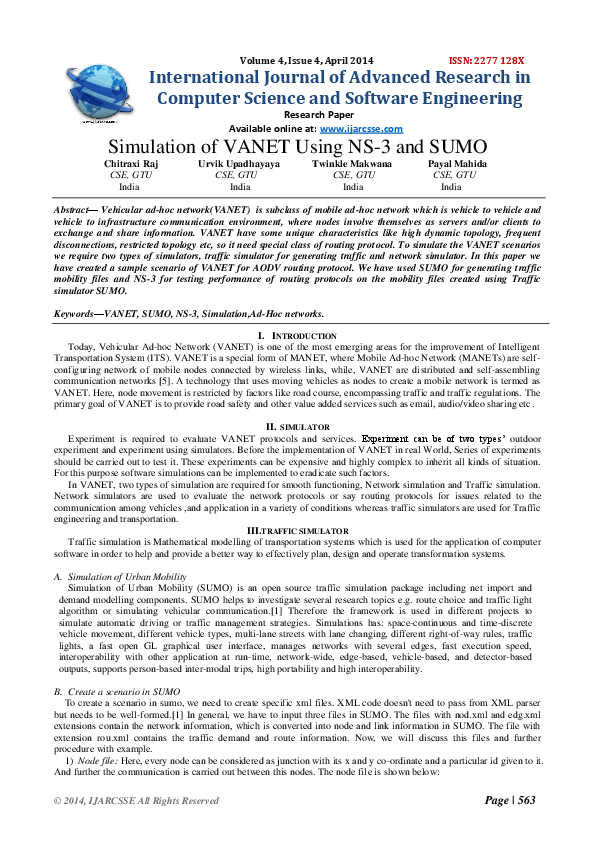 (PDF) 2014, IJARCSSE All Rights Reserved Simulation of VANET Using NS-3 and SUMO