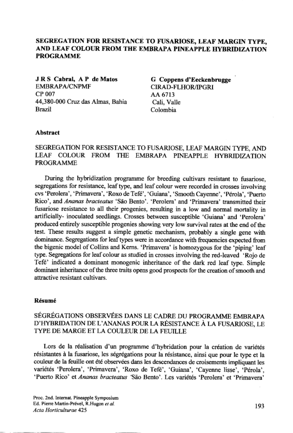 Segregation for resistance to fusariose, leaf margin type, and leaf ...