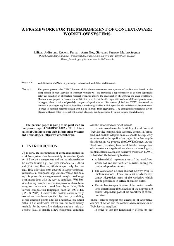 Pdf A Framework For The Management Of Context Aware Workflow Systems
