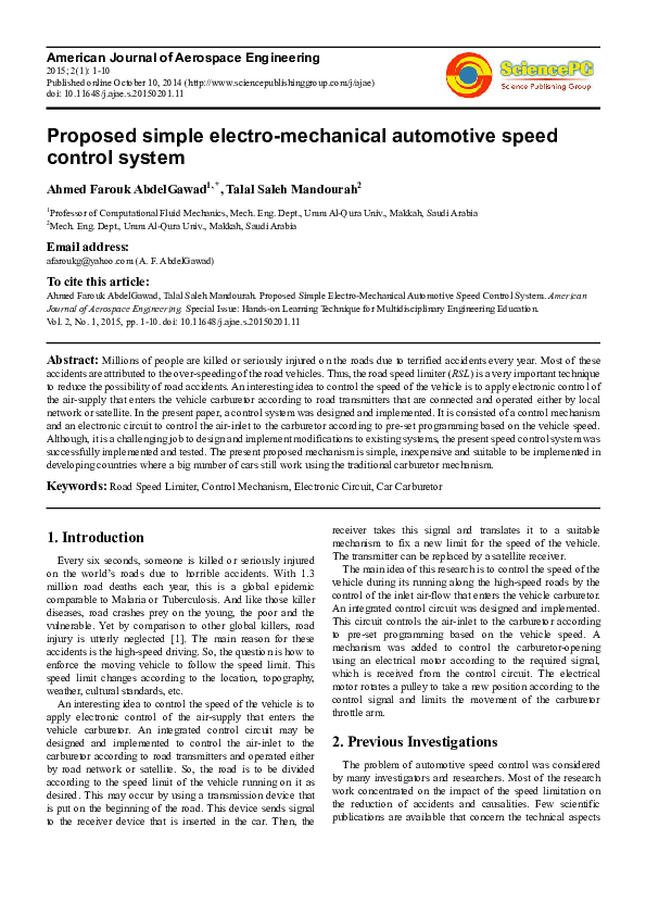(PDF) Proposed simple electro-mechanical automotive speed control system
