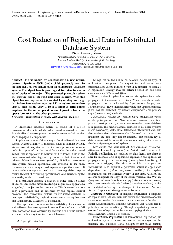 (PDF) Cost Reduction of Replicated Data in Distributed Database System