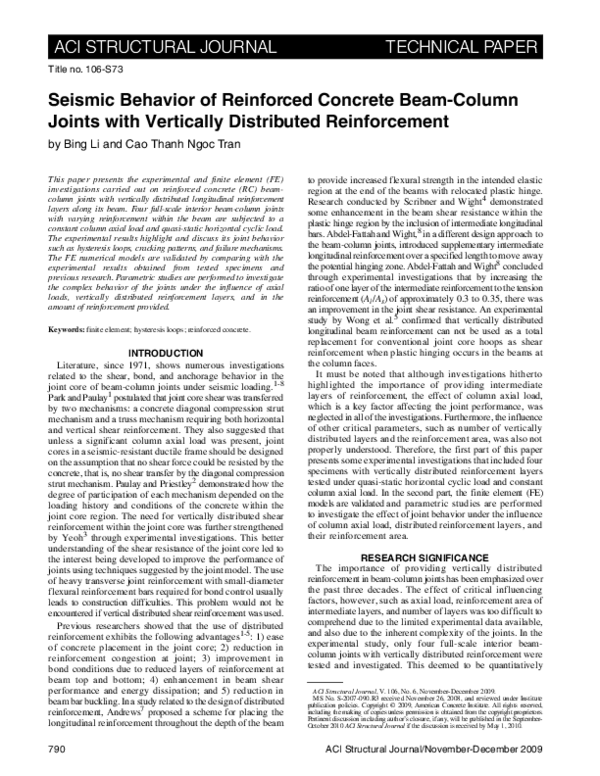 (PDF) Seismic Behavior of Reinforced Concrete Beam-Column Joints with Vertically Distributed ...