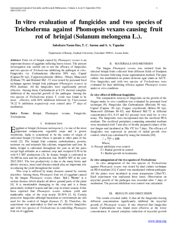 (PDF) In vitro evaluation of fungicides and two species of Trichoderma against Phomopsis vexans ...
