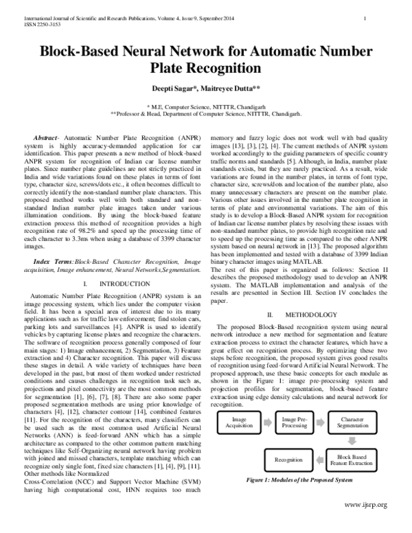 Pdf Block Based Neural Network For Automatic Number Plate Recognition