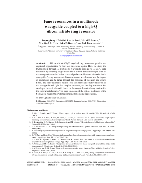 Pdf Fano Resonances In A Multimode Waveguide Coupled To A High Q