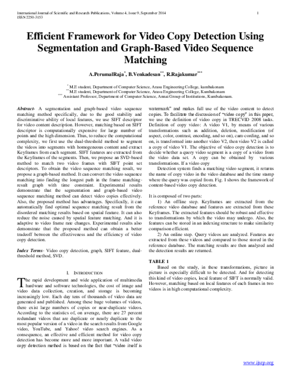 Pdf Efficient Framework For Video Copy Detection Using Segmentation And Graph Based Video 