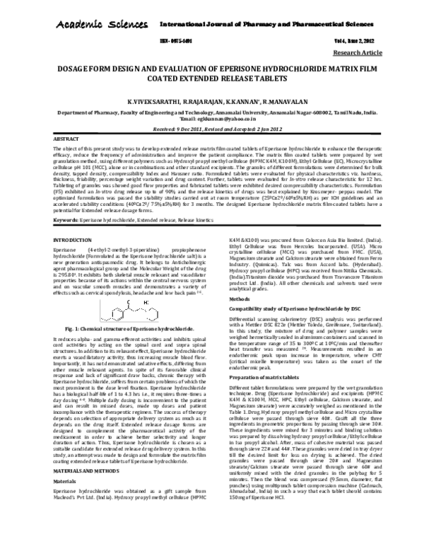 Pdf Dosage Form Design And Evaluation Of Eperisone Hydrochloride Matrix Film Coated Extended
