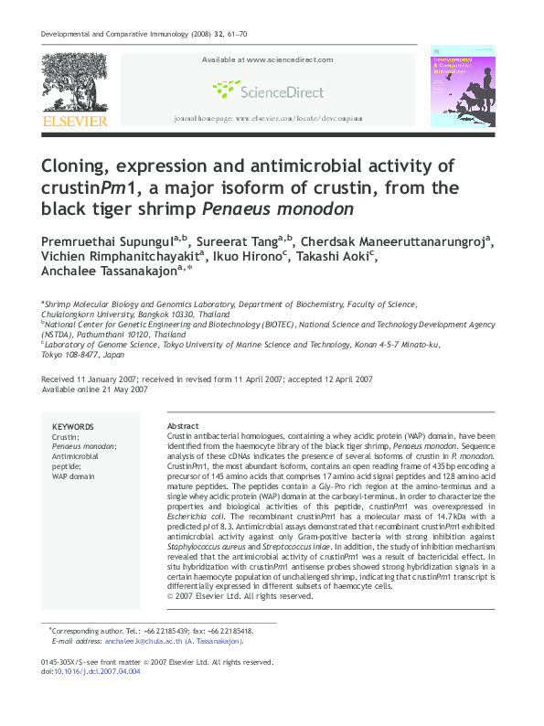 (PDF) Cloning, expression and antimicrobial activity of crustin Pm1, a ...