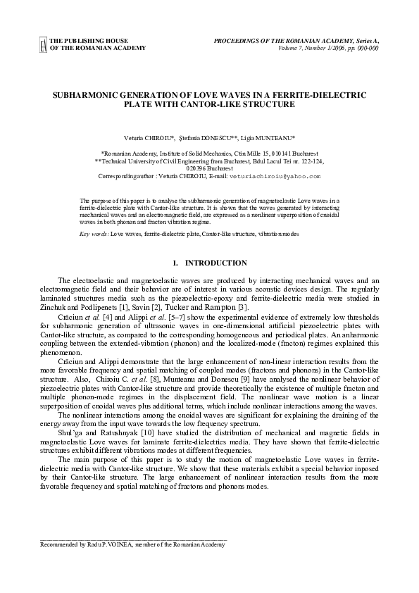 (PDF) SUBHARMONIC GENERATION OF LOVE WAVES IN A FERRITE-DIELECTRIC PLATE WITH CANTOR-LIKE STRUCTURE