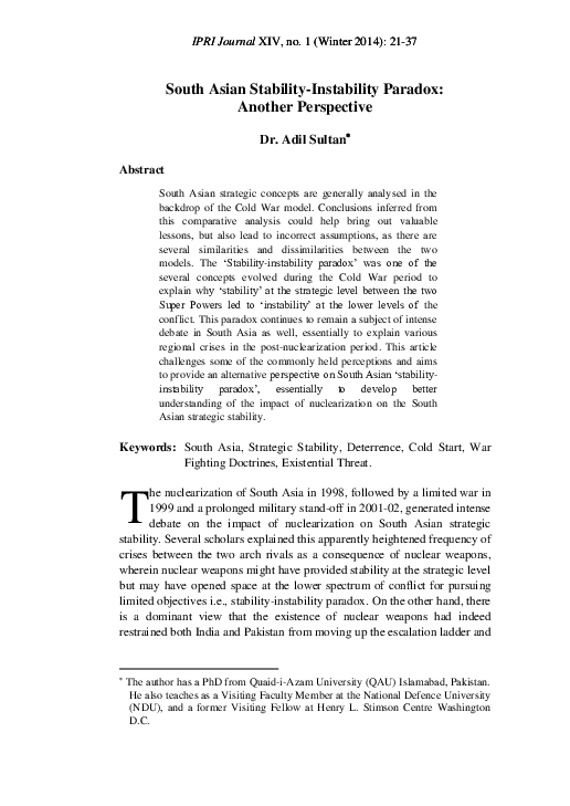 (PDF) South Asian Stability-Instability Paradox: Another Perspective