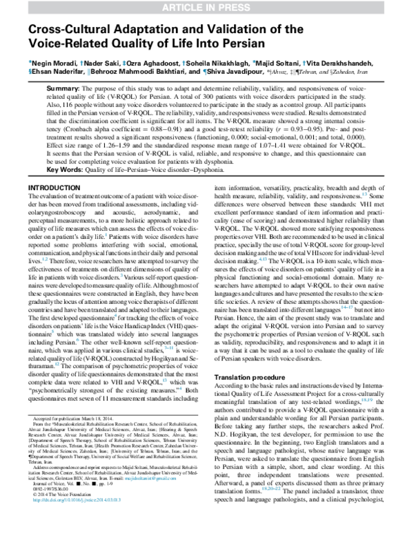 Pdf Cross Cultural Adaptation And Validation Of The Voice Related Quality Of Life Into Persian