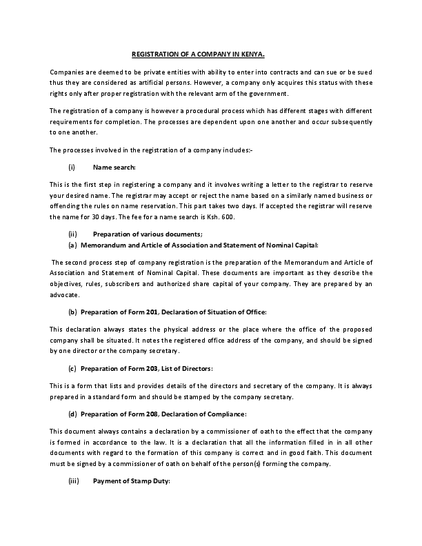 (DOC) REGISTRATION OF A COMPANY IN KENYA.