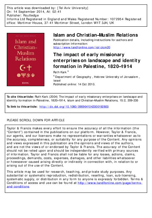 (PDF) Ruth Kark and European Missionaries in the Holy Land and Middle East