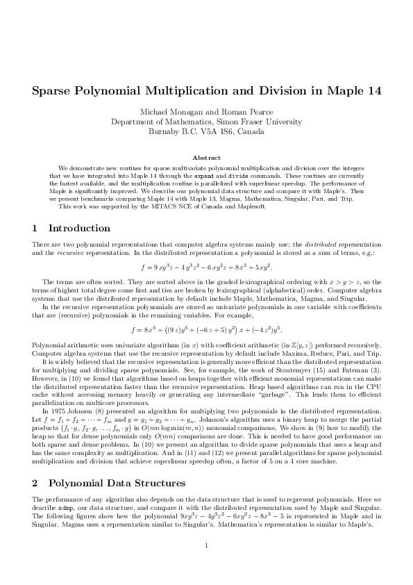 Pdf Sparse Polynomial Multiplication And Division In Maple 14