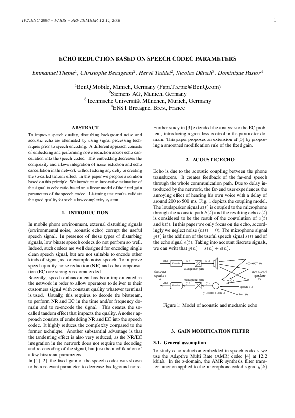 (PDF) ECHO REDUCTION BASED ON SPEECH CODEC PARAMETERS