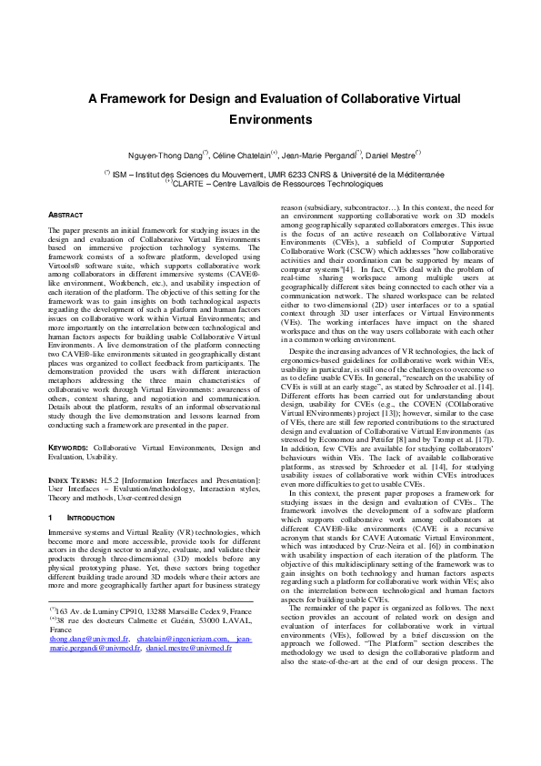 (PDF) A Framework for Design and Evaluation of Collaborative Virtual Envionments