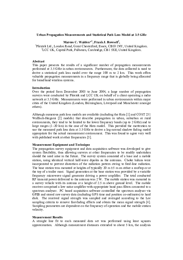 (PDF) Urban propagation measurements and statistical path loss model at 3.5 GHz