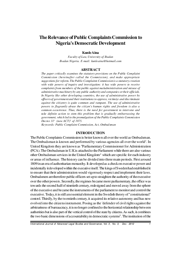 (PDF) The Relevance of Public Complaints Commission to