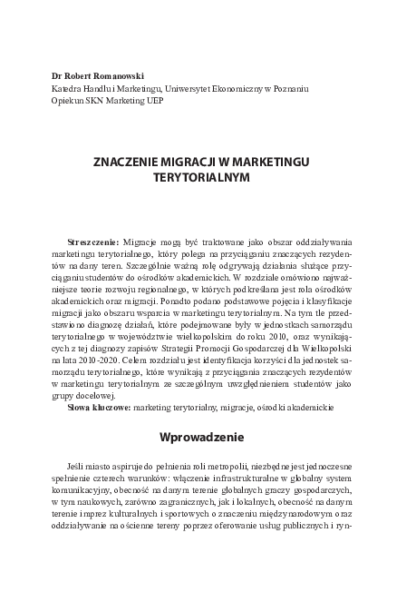 (PDF) Romanowski, R., 2014, Znaczenie migracji w marketingu terytorialnym, w: Marketing ...