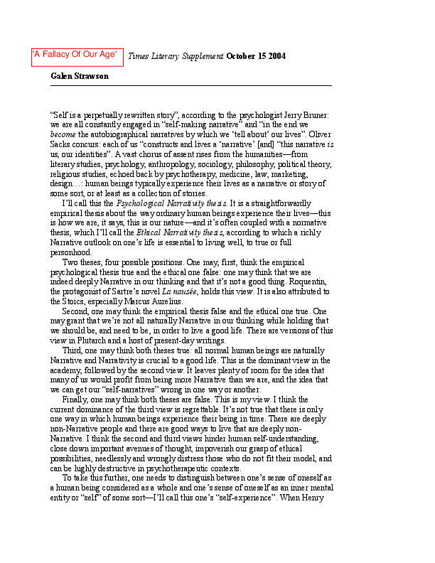 (PDF) A Fallacy of Our Age: Not Every Life is a Narrative