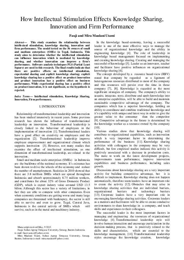 (PDF) How Intellectual Stimulation Effects Knowledge Sharing, Innovation and Firm Performance