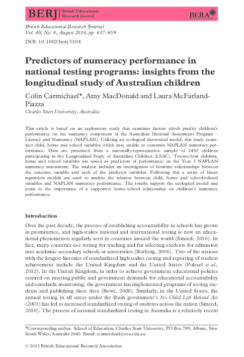 (PDF) Predictors of numeracy performance in national testing programs ...