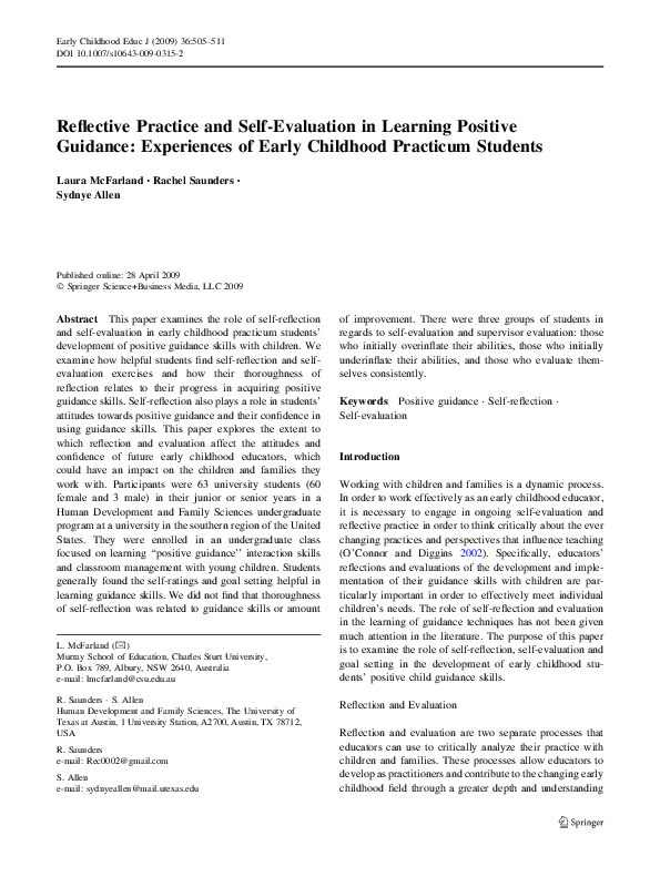 (PDF) Reflective practice and self-evaluation in learning positive guidance: Experiences of ...