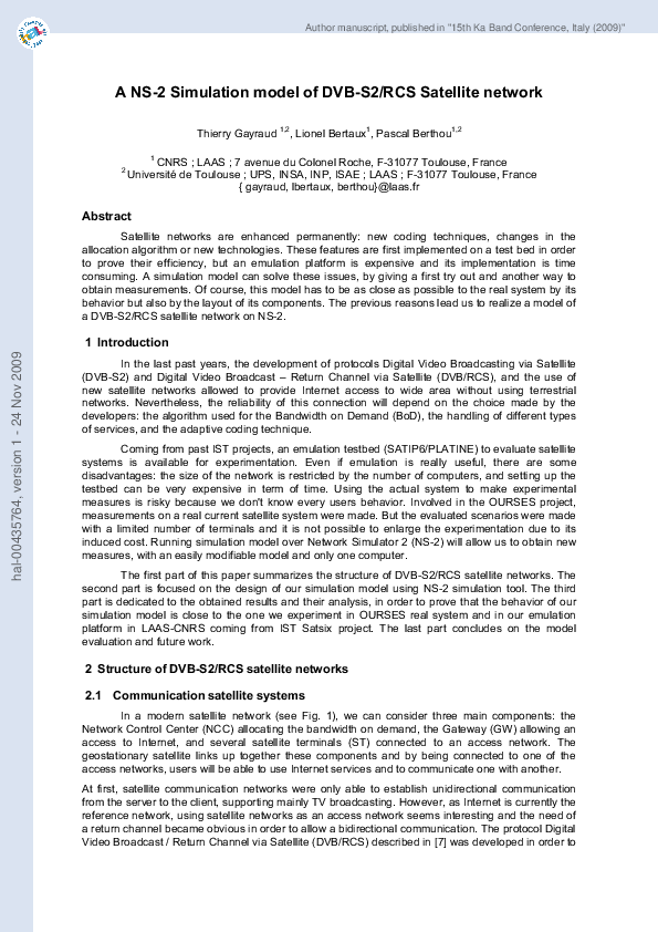(PDF) A NS2 Simulation model of DVB-S2/RCS Satellite network
