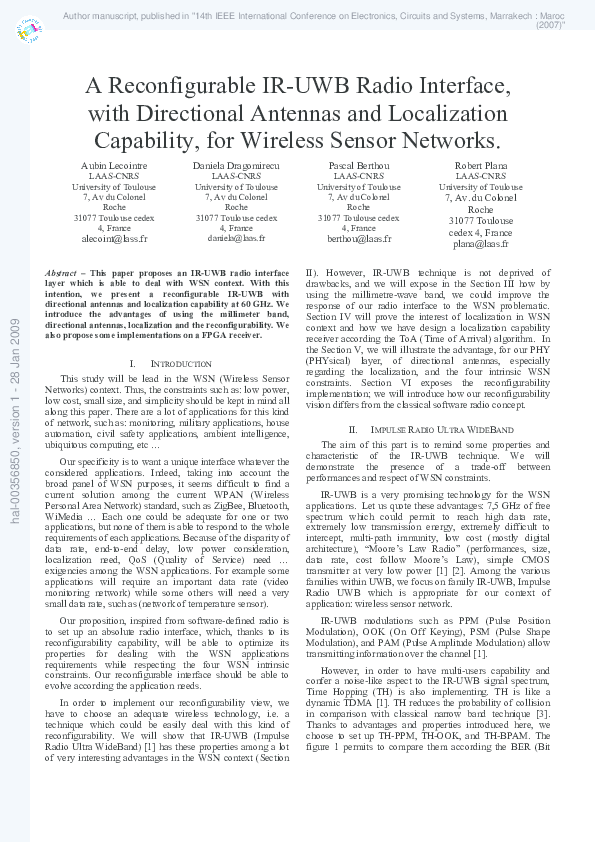 (PDF) A Reconfigurable IR-UWB Radio Interface, with Directional Antennas and Localization ...