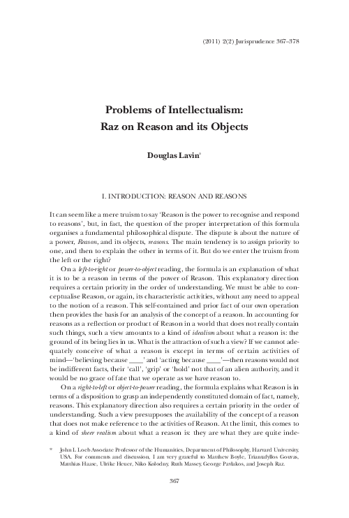 (PDF) Problems of Intellectualism: Raz on Reason and its Objects