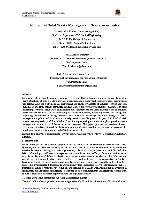 (PDF) Municipal Solid Waste Management Scenario in India