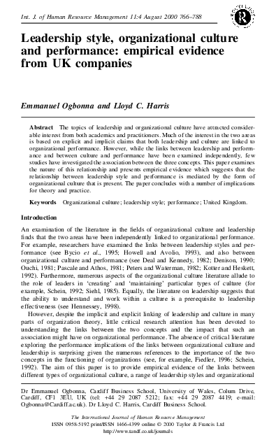 (PDF) Leadership style, organizational culture and performance: empirical evidence from UK companies