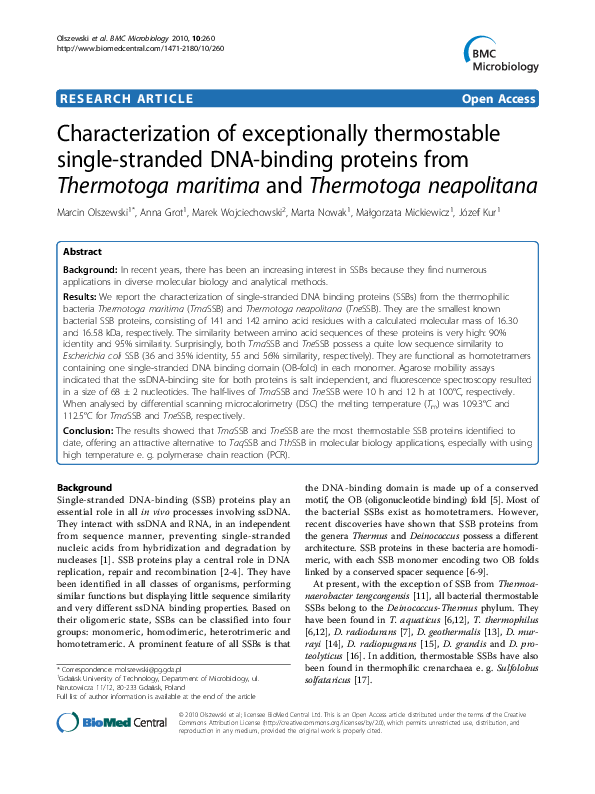 (PDF) Characterization of exceptionally thermostable single-stranded DNA-binding proteins from ...