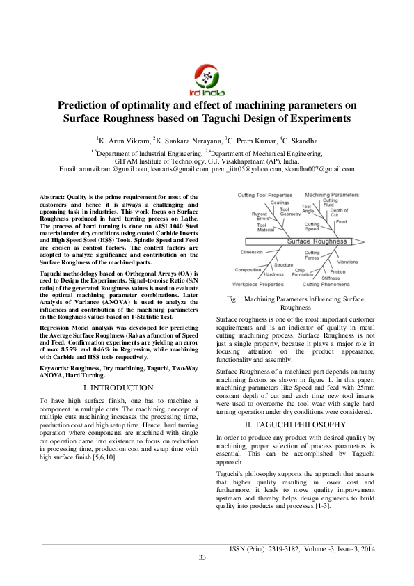Pdf Prediction Of Optimality And Effect Of Machining Parameters On